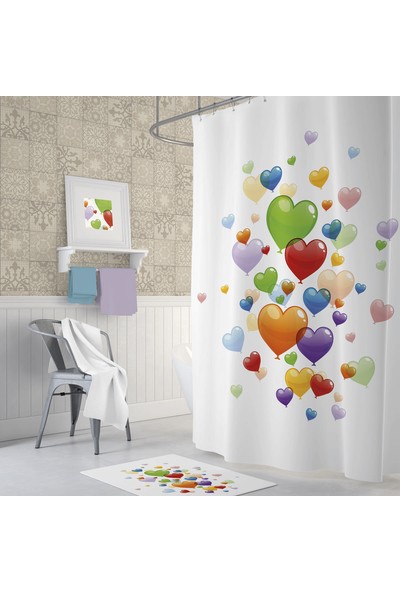 Zethome Tropik Heart Balloons Banyo Duş Perdesi Tek Kanat 1 x 180 x 200 cm