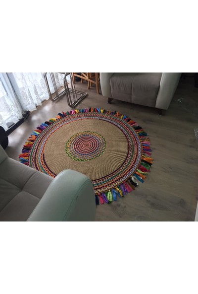 Milda Jüt Hasırlı El Örgüsü Kilim 15 Yuvarlak(Ebat Seçenekli)