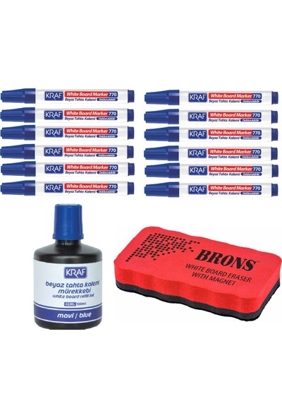 Kraf 770 Beyaz Tahta Kalemi+Kraf 450G 100ML Mürekkep+Tahta Silgisi