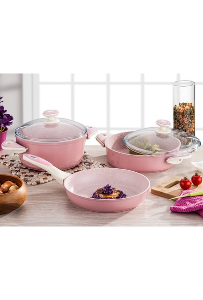 Taç 1556 Granit Plus 5 Parça Tencere Seti Pembe