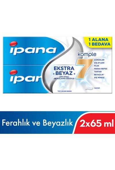 Ipana Komple Bakım Diş Macunu + Ferahlık ve Beyazlık Ağız Bakım Suyu 1 Alana 1 Bedava Paketi (65 ml + 65 ml) Ipana Komple Bakım Diş Macunu + Ferahlık ve Beyazlık Ağız Bakım Suyu 1 Alana 1 Bedava Paketi (65 ml + 65 ml)