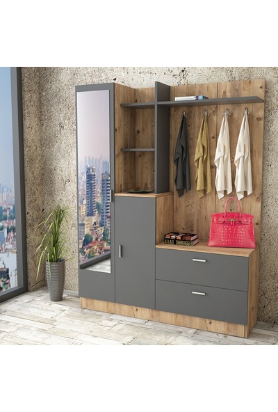 Yurudesign Wisdom Vestiyer Ayakkabılık Portmanto Aynalı Raf Çam-Antrasit Yurudesign Wisdom Vestiyer Ayakkabılık Portmanto Aynalı Raf Çam-Antrasit