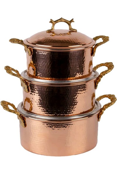 Bakır Sanatı Bakır Dik Tencere Seti 3'lü