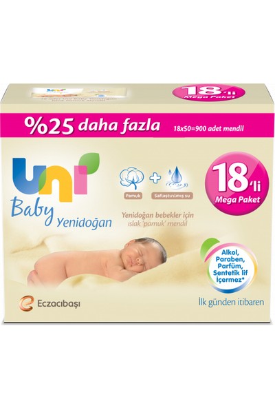 Uni Baby Yenidoğan 18x50'li Islak Pamuk Mendil 900 Yaprak Uni Baby Yenidoğan 18x50'li Islak Pamuk Mendil 900 Yaprak