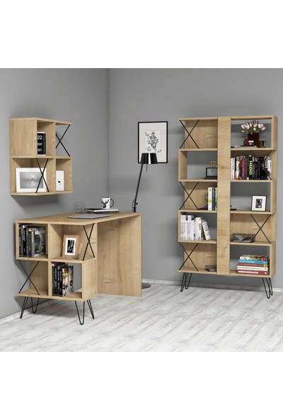 Variant Extra Duvar Raflı Çalışma Masası Ve Kitaplık Takımı - Meşe Variant Extra Duvar Raflı Çalışma Masası Ve Kitaplık Takımı - Meşe