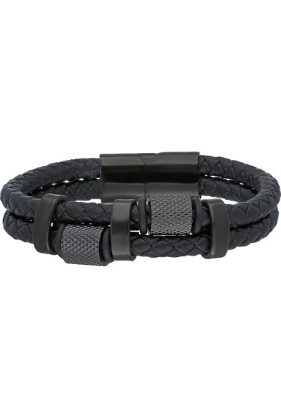 Chavin Siyah 2 Sıra Deri Çelik Erkek Bileklik EC67SY