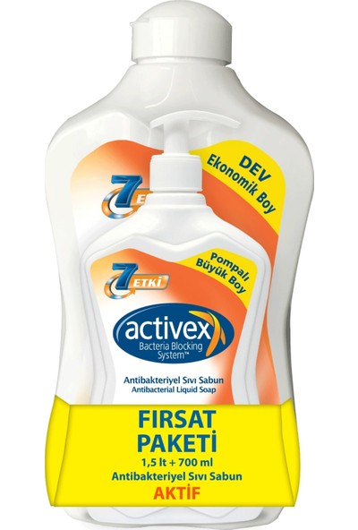 Activex Antibakteriyel Sıvı Sabun Aktif 1.5 lt & 700 ml Fırsat Paketi Activex Antibakteriyel Sıvı Sabun Aktif 1.5 lt & 700 ml Fırsat Paketi