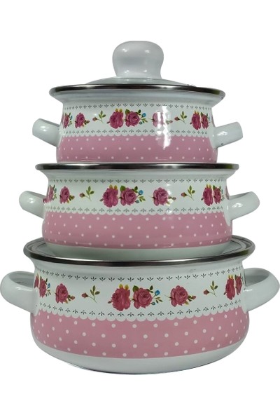 Cam Kapaklı Emaye Tencere Seti 3'lü Set Pembe Desenli Mini Emaye Tencere Cam Kapaklı Emaye Tencere Seti 3'lü Set Pembe Desenli Mini Emaye Tencere