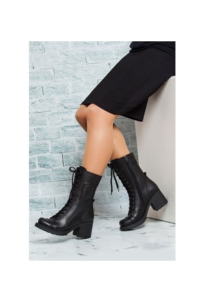 Tarçın Hakiki Deri Siyah Günlük Kadın Topuklu Bot Trc49-1561