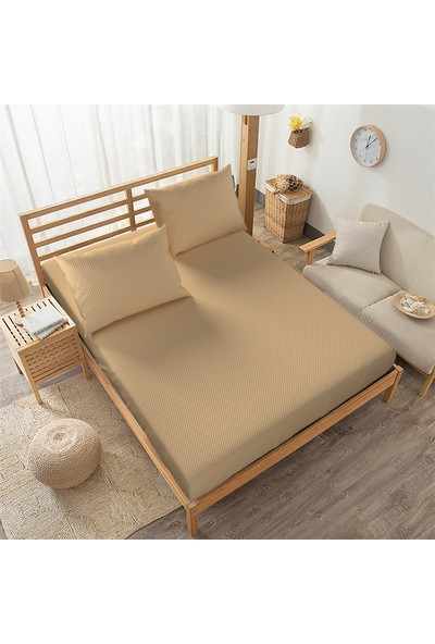 Mıss Royal Çift Kişilik Lastikli Çarşaf Takımı Ranforce Pamuk Puantiyeli Bej