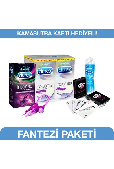 Durex Fantezi Paketi - 40'lı Prezervatif, Kayganlaştırıcı, Titreşimli Halka, Kamasutra Kart Hediye Durex Fantezi Paketi - 40'lı Prezervatif, Kayganlaştırıcı, Titreşimli Halka, Kamasutra Kart Hediye