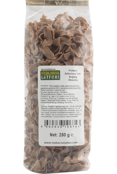 Makarna Lütfen Proteini Arttırılmış Tam Buğday Makarna 250 gr Makarna Lütfen Proteini Arttırılmış Tam Buğday Makarna 250 gr