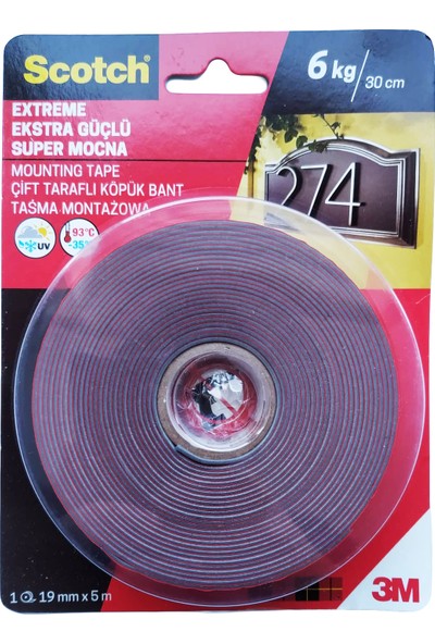 3M Scotch 40021950C Çift Taraflı Köpük Montaj Yapışkan Bantı Extreme Güçlü Süper Mocna (19mm x 5m ) 6 kg / 30 cm