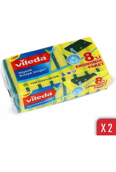 Vileda 8'li Yeşil Düz Hijyenik Bulaşık Süngeri 2'li Paket