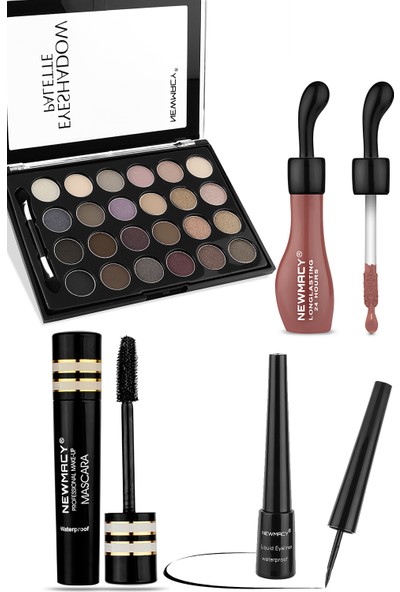 Newmacy 24'lü Far Paleti No.01 + Eyeliner + Mascara + Kalıcı Mat Islak Ruj