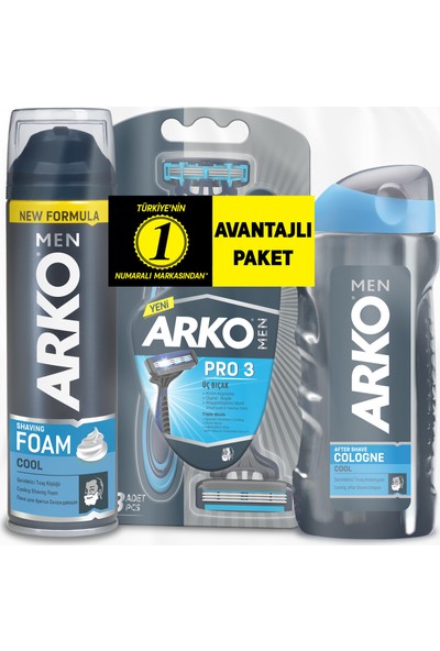 Arko Men T3 Pro 3 Bıçaklı Tıraş Bıçağı 3'lü & Cool Tıraş Köpüğü 200 ml & Cool Tıraş Kolonyası 250 ml Süper Fırsat Paketi