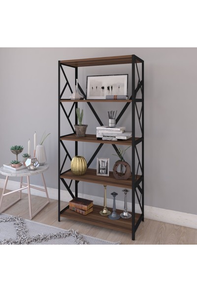 Yelken Mobilya 5 Raflı Metal Kitaplık Ceviz