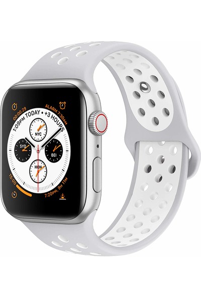 Case 4U Apple Watch Seri 7/6/SE/5/4 Delikli Spor Kayış 45mm 44mm 42mm Uyumlu Gri - Beyaz Case 4U Apple Watch Seri 7/6/SE/5/4 Delikli Spor Kayış 45mm 44mm 42mm Uyumlu Gri - Beyaz