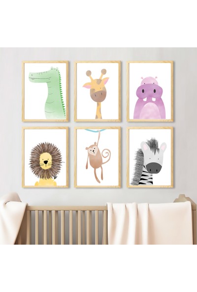 Minik Ayı Bebek Odası Dekorasyon Safari Hayvanları Çerçeve Seti