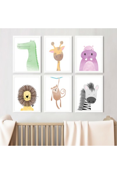 Minik Ayı Bebek Odası Dekorasyon Safari Hayvanları Çerçeve Seti