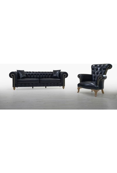 Verze Siyah Deri Chesterfield Büro Koltuk Takımı