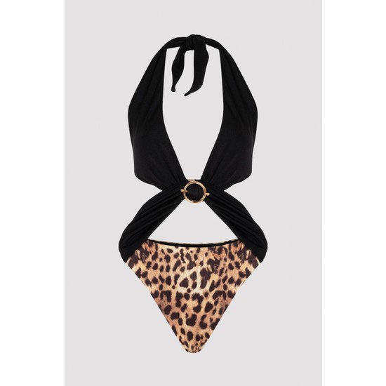 Siyah ve Leopar Desenli Metal Detaylı Reneta Monokini Fiyatı