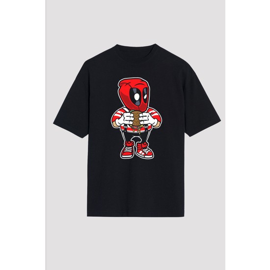 Deadpool Eat Burger Baskılı Unisex Siyah Oversize Tişört Fiyatı