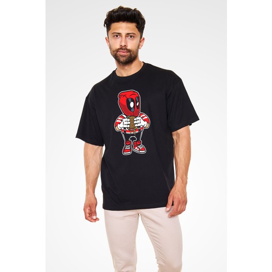 Deadpool Eat Burger Baskılı Unisex Siyah Oversize Tişört Fiyatı