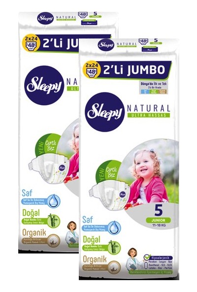 Sleepy Natural Bebek Bezi 2'li Jumbo 5 Beden 11-18 kg 48 Adet x 2 Paket Sleepy Natural Bebek Bezi 2'li Jumbo 5 Beden 11-18 kg 48 Adet x 2 Paket