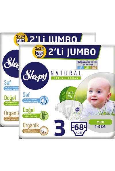 Sleepy Natural Bebek Bezi 2'li Jumbo 3 Beden 4-9 kg 68 Adet x 2 Paket Sleepy Natural Bebek Bezi 2'li Jumbo 3 Beden 4-9 kg 68 Adet x 2 Paket
