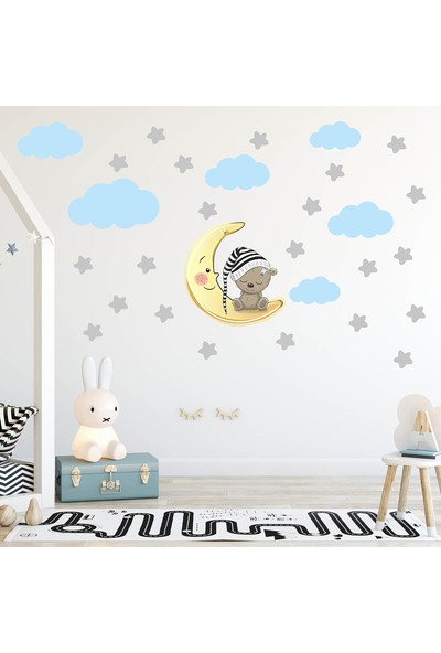 Tilki Dünyası Uyuyan Ayıcık Gri Yıldızlar ve Mavi Bulutlar Dekoratif Bebek Çocuk Odası Duvar Sticker Tilki Dünyası Uyuyan Ayıcık Gri Yıldızlar ve Mavi Bulutlar Dekoratif Bebek Çocuk Odası Duvar Sticker