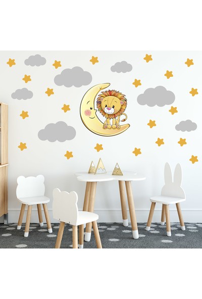 Tilki Dünyası Sevimli Aslan Sarı Yıldızlar ve Gri Bulutlar Dekoratif Bebek Çocuk Odası Duvar Sticker Tilki Dünyası Sevimli Aslan Sarı Yıldızlar ve Gri Bulutlar Dekoratif Bebek Çocuk Odası Duvar Sticker