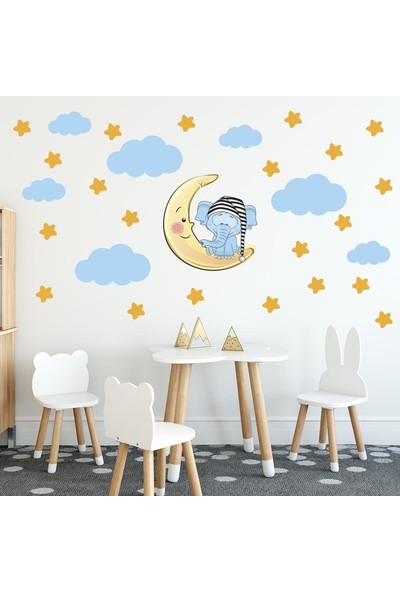 Tilki Dünyası Uyuyan Fil Yıldızlar ve Bulutlar Dekoratif Bebek Çocuk Odası Duvar Sticker Tilki Dünyası Uyuyan Fil Yıldızlar ve Bulutlar Dekoratif Bebek Çocuk Odası Duvar Sticker