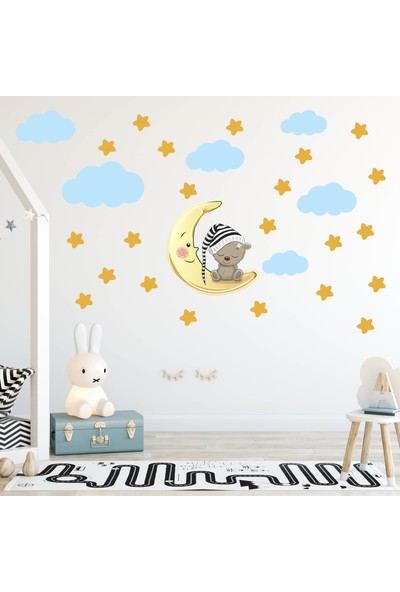 Tilki Dünyası Uyuyan Ayıcık Sarı Yıldızlar ve Mavi Bulutlar Dekoratif Bebek Çocuk Odası Duvar Sticker Tilki Dünyası Uyuyan Ayıcık Sarı Yıldızlar ve Mavi Bulutlar Dekoratif Bebek Çocuk Odası Duvar Sticker