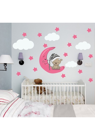 Tilki Dünyası Uyuyan Ayıcık Fuşya Yıldızlar ve Beyaz Bulutlar Dekoratif Bebek Çocuk Odası Duvar Sticker Tilki Dünyası Uyuyan Ayıcık Fuşya Yıldızlar ve Beyaz Bulutlar Dekoratif Bebek Çocuk Odası Duvar Sticker