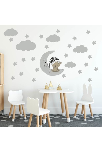 Tilki Dünyası Uyuyan Ayıcık Gri Yıldızlar ve Gri Bulutlar Dekoratif Bebek Çocuk Odası Sticker Tilki Dünyası Uyuyan Ayıcık Gri Yıldızlar ve Gri Bulutlar Dekoratif Bebek Çocuk Odası Sticker