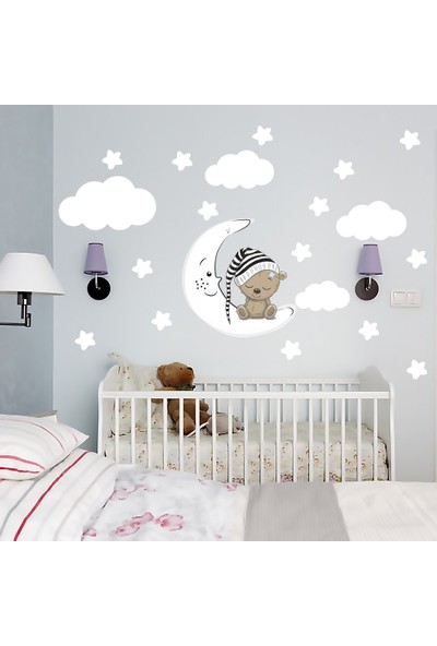 Tilki Dünyası Uyuyan Ayıcık Beyaz Yıldızlar ve Bulutlar Dekoratif Bebek Çocuk Odası Duvar Sticker Tilki Dünyası Uyuyan Ayıcık Beyaz Yıldızlar ve Bulutlar Dekoratif Bebek Çocuk Odası Duvar Sticker