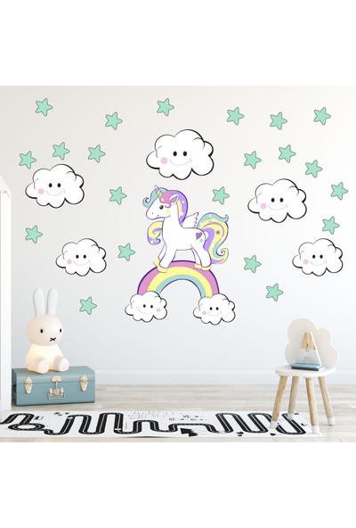 Tilki Dünyası Şirin Bulutlar Unicorn ve Yıldızlar Çocuk Odası Sticker Tilki Dünyası Şirin Bulutlar Unicorn ve Yıldızlar Çocuk Odası Sticker