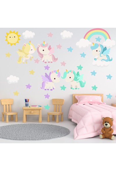 Tilki Dünyası Rengarenk Unicornlar Gökkuşağı Güneş ve Yıldızlar