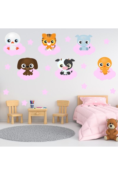 Tilki Dünyası Sevimli Hayvanlar Pembe Bulutlar ve Pembe Yıldızlar Çocuk Odası Duvar Sticker Seti Tilki Dünyası Sevimli Hayvanlar Pembe Bulutlar ve Pembe Yıldızlar Çocuk Odası Duvar Sticker Seti