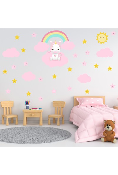 Tilki Dünyası Sevimli Unicorn Yıldızlar Pembe Bulutlar Çocuk Odası Sticker Tilki Dünyası Sevimli Unicorn Yıldızlar Pembe Bulutlar Çocuk Odası Sticker