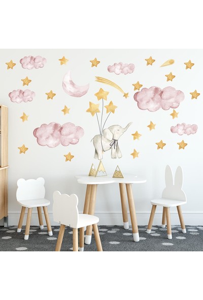 Tilki Dünyası Sevimli Uçan Fil Yıldızlar Pembe Bulutlar Çocuk Odası Sticker Tilki Dünyası Sevimli Uçan Fil Yıldızlar Pembe Bulutlar Çocuk Odası Sticker