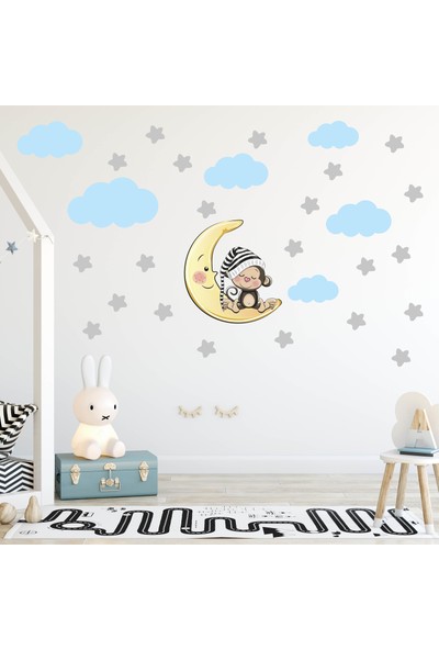 Tilki Dünyası Uyuyan Maymun Gri Yıldızlar ve Mavi Bulutlar Dekoratif Bebek Çocuk Odası Duvar Sticker Tilki Dünyası Uyuyan Maymun Gri Yıldızlar ve Mavi Bulutlar Dekoratif Bebek Çocuk Odası Duvar Sticker
