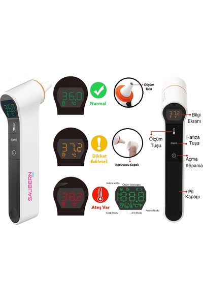 Saubern BNT9603 Temassız Alından Ateş Ölçer - Kulaktan Ateş Ölçer - Dijital Termometre - Işıklı Ekran Saubern BNT9603 Temassız Alından Ateş Ölçer - Kulaktan Ateş Ölçer - Dijital Termometre - Işıklı Ekran
