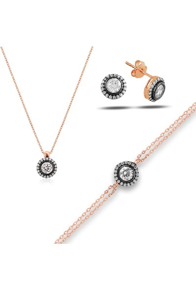 Rams Gümüş Elmas Montürlü Tektaş Kolye, Küpe ve Bileklik Set