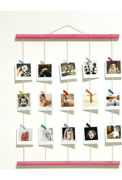 Ahşap Sanat Sallamalı 5 İpli 15 Mandallı Dekoratif Çerçeve Pembe