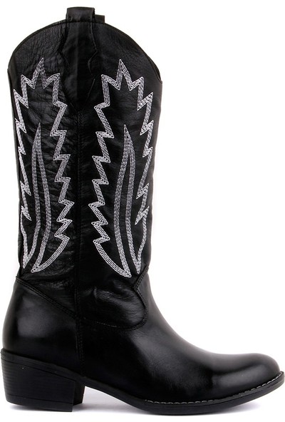 Sail Laker's Siyah Deri Nakışlı Kadın Çizme