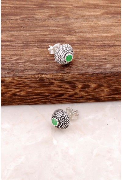 Sümer Telkari Kök Zümrüt Taşlı Tel Burma Gümüş Mini Küpe 485