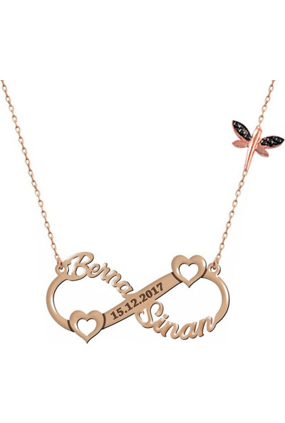 Nayino Takı Kişiye Özel Siyah Yusufçuklu Sonsuzluk Rose Gümüş Kalp Kolyesi