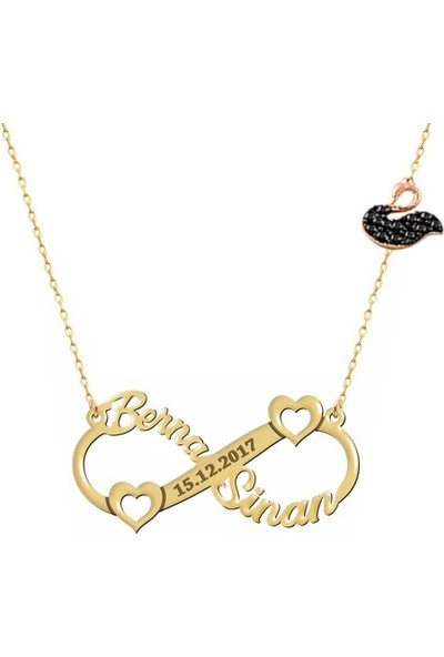 Nayino Takı Kişiye Özel Siyah Kuğulu Sonsuzluk Gümüş Kalp Kolyesi